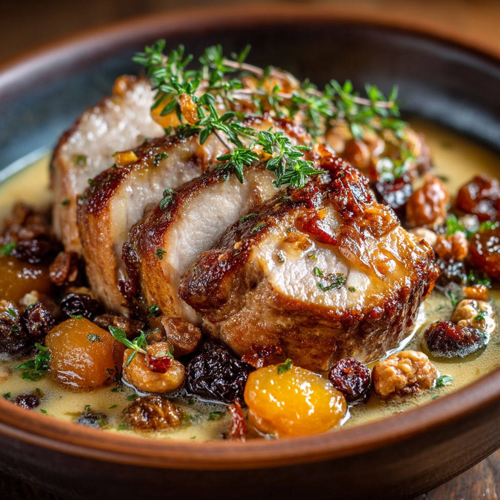 Rôti de porc fondant aux fruits secs et éclats mendiants - TopAssiette.com