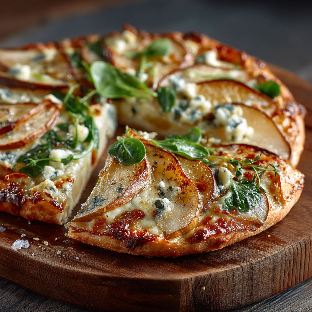 Pizza à la poire et fourme d'Ambert avec pousses d'épinard ...